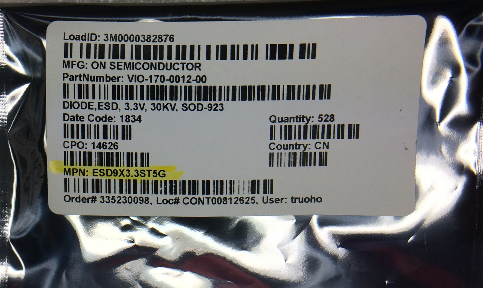 ESD9X3.3ST5G ON SEMI ESD9X3.3S TVS DIODE 3.3V 10.4V SOD923 SMD ROHS 25 ...