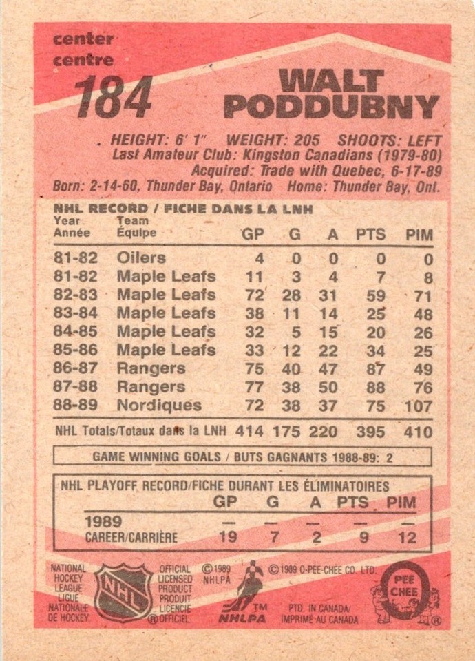 1989 O-Pee-Chee Walt Poddubny #184 New Jersey Devils Hockey Card | eBay