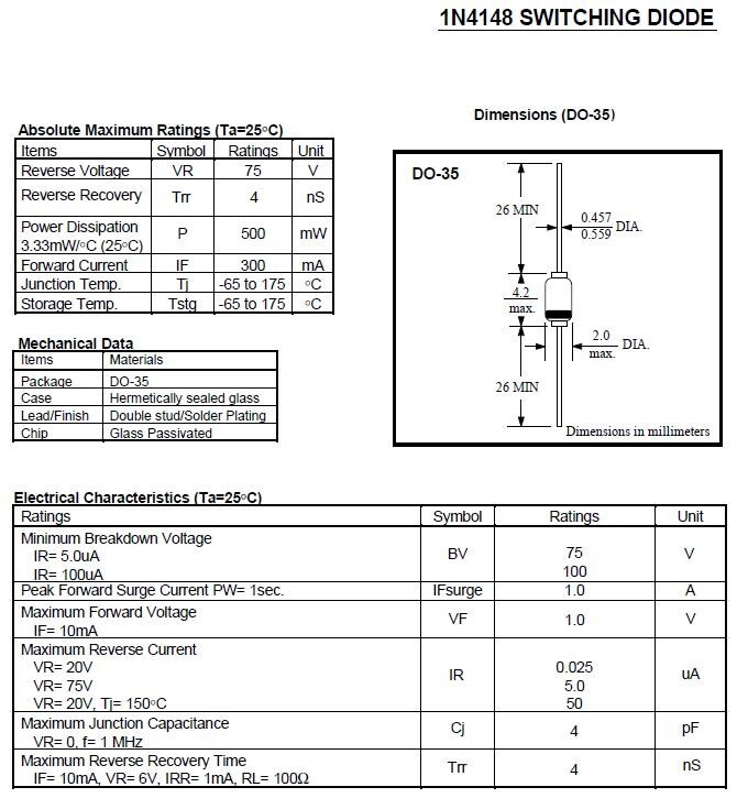 100 Pcs 1N4148 100v Fast Switching Glass Diode 1N914 | DO-35 Axial | US ...