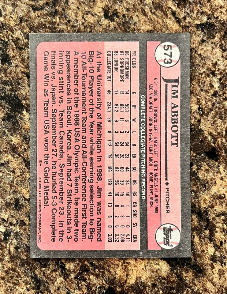 Jim Abbott 1989 Topps #573 Rookie #1 Draft Pick MT | eBay