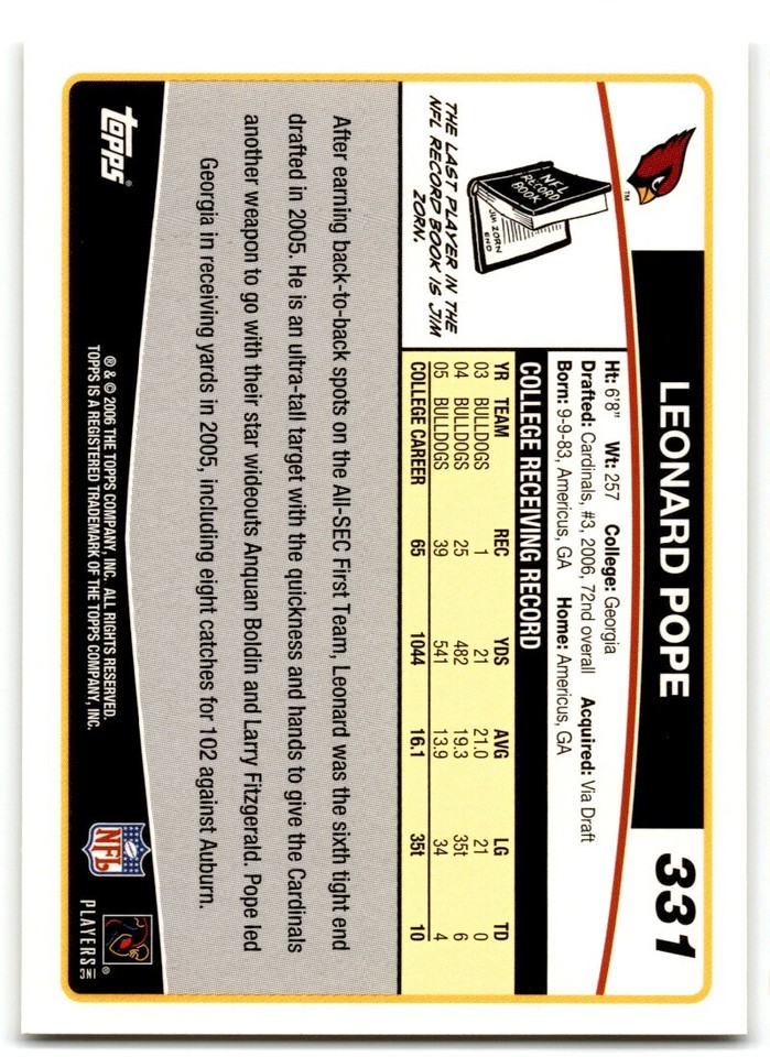 2006 Topps Leonard Pope Rookie Arizona Cardinals #331 | eBay