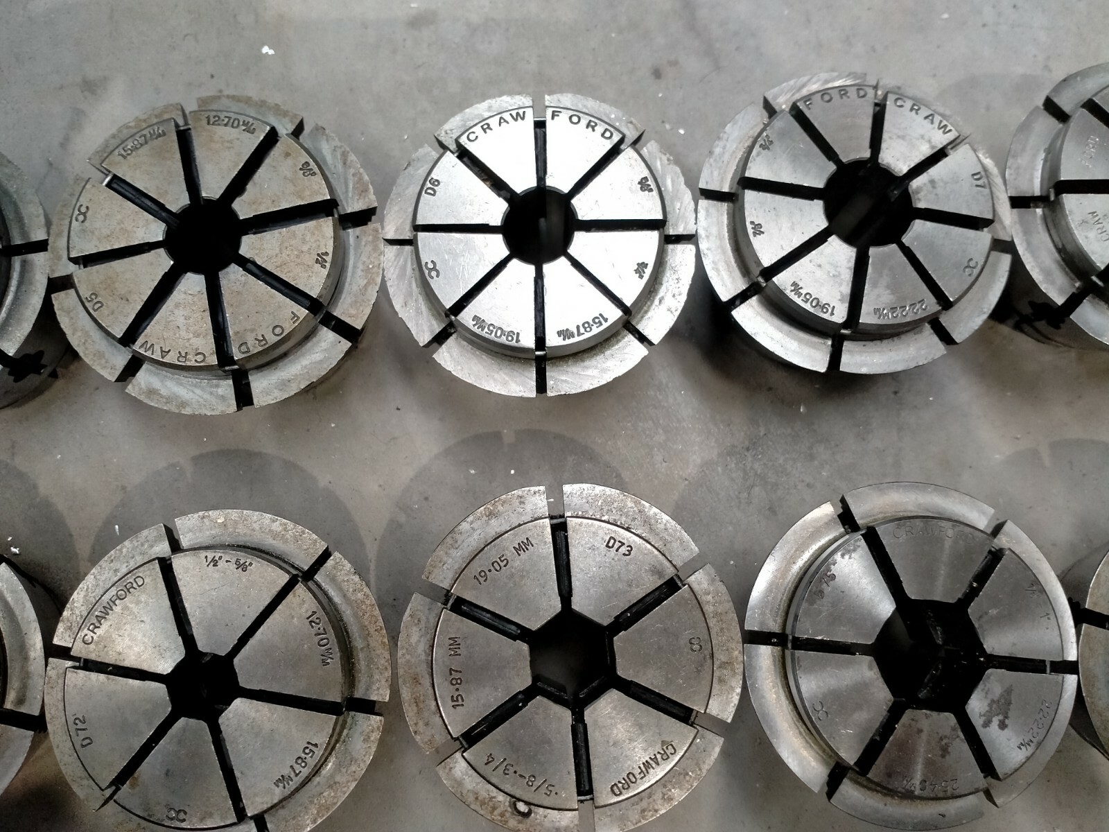 Crawford Multibore D style collets used many sizes round and hex VAT ...