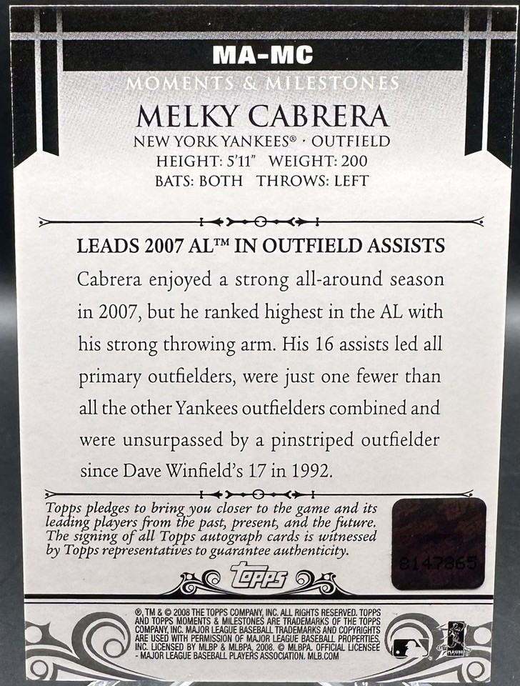 2008 Topps #MA-MC Melky Cabrera Moments & Milestones Autographs Auto ...
