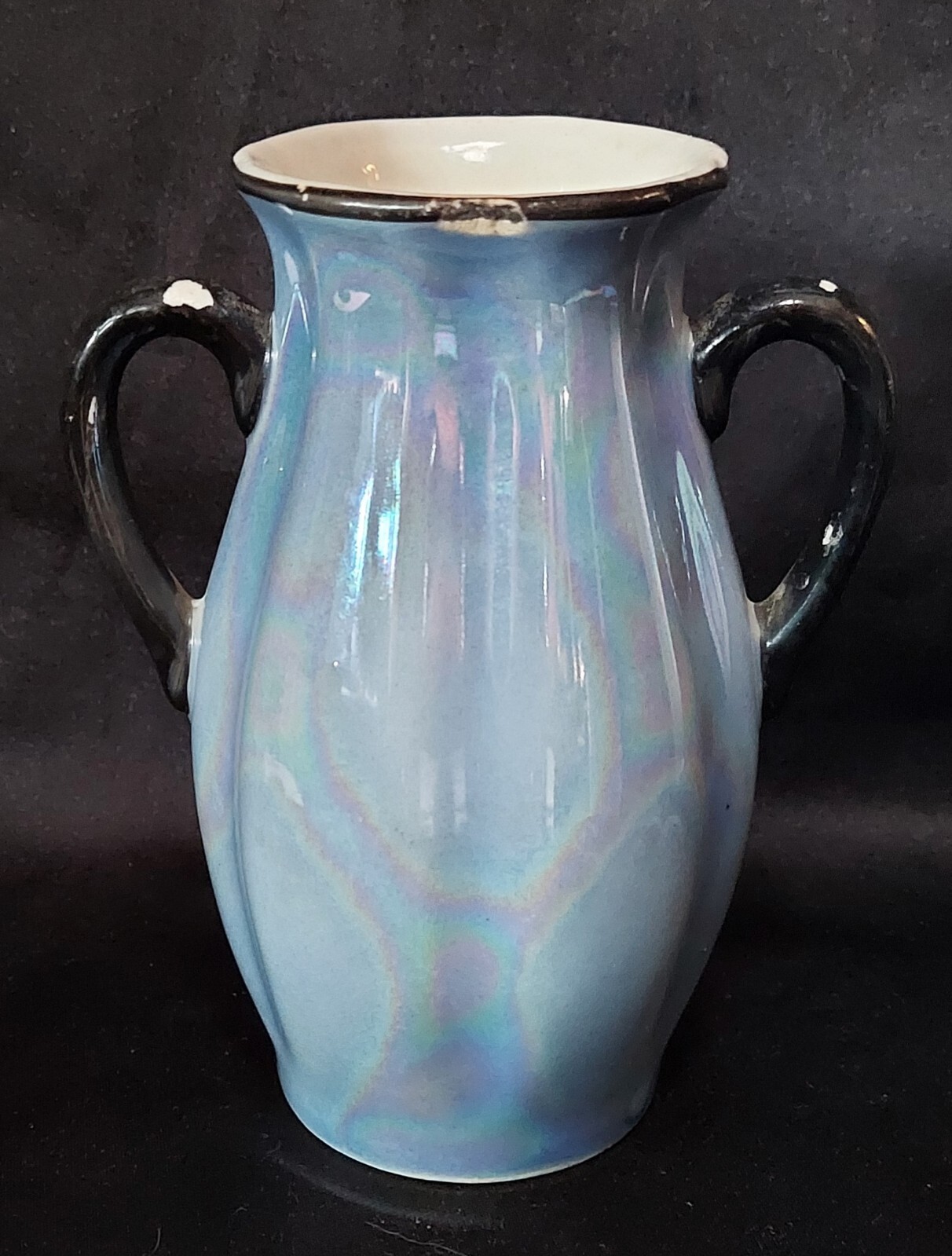 Czechoslovakia Lusterware Vase Blue Iridescent Double Handled Vintage ...