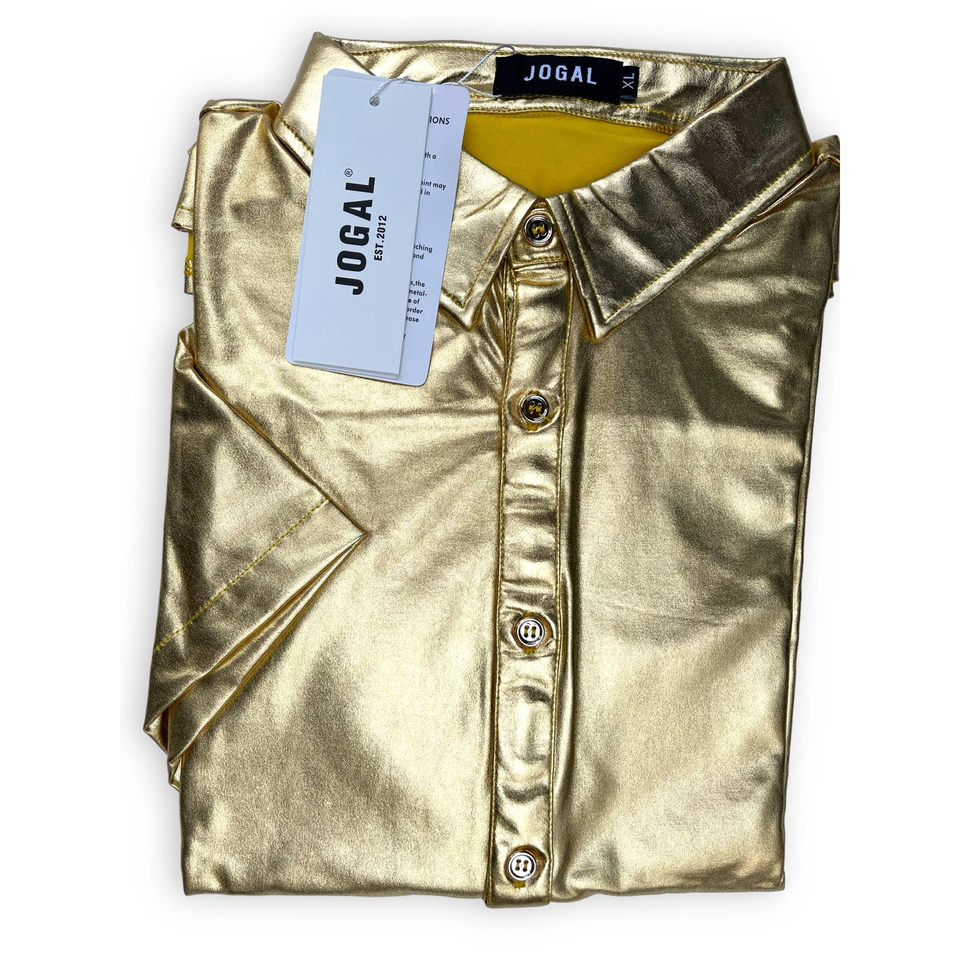 Men's LARGE Metallic GOLD SHIRT Button Down S/S Disco Nightclub Costume ...