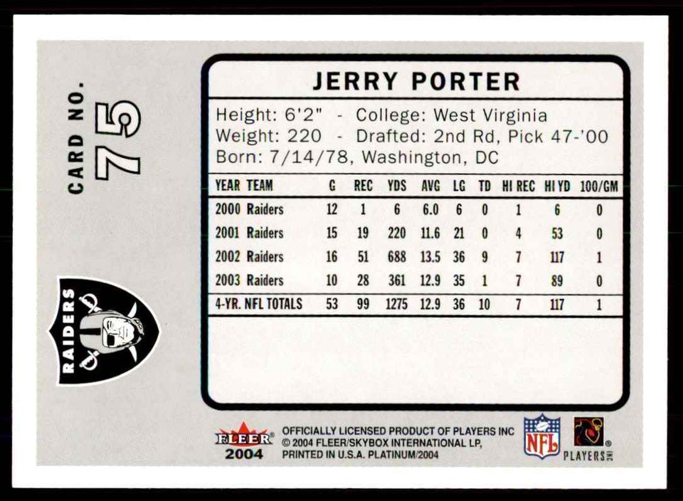2004 Fleer Platinum Jerry Porter Football Cards #75 | eBay