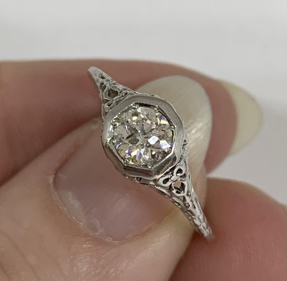 Art Deco Vintage 18k White Gold .5 Carat Solitaire Natural Diamond Ring ...