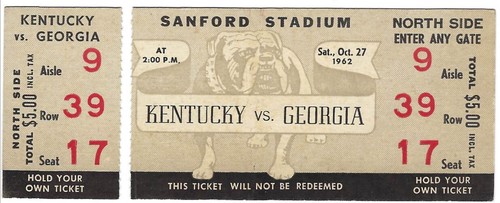 1962 Kentucky vs Georgia Ticket - Sanford Stadium - Full Ticket but ...