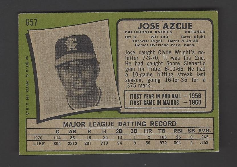1971 Topps - #657 Jose Azcue - Los Angeles Angels - ExMt+ | eBay