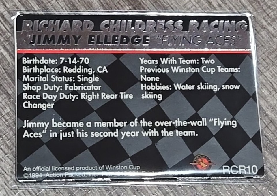1994 Action Packed Richard Childress Racing Jimmy Elledge Card #RCR10 ...