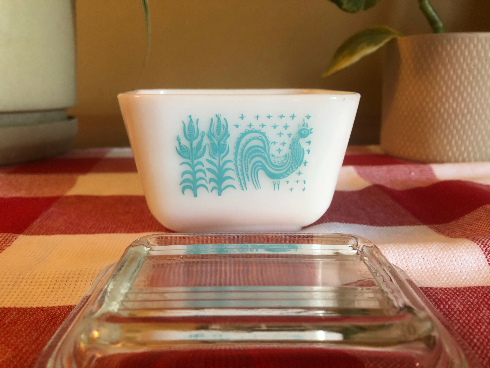 Vintage Pyrex 1-1/2 cup Ovenware Dish Amish Blue Bird Rooster WITH LID ...