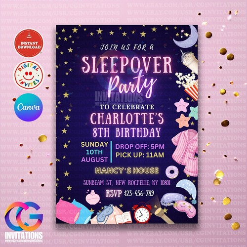 EDITABLE Sleepover Birthday Invitation Neon Template, Girls Slumber ...