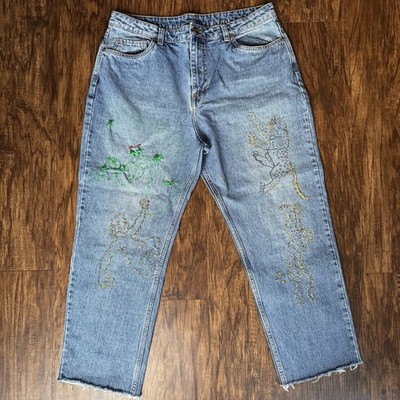 PAT57 Denim Blue Jeans Women's Size 12 Crop Raw Hem Animal Embroidery ...