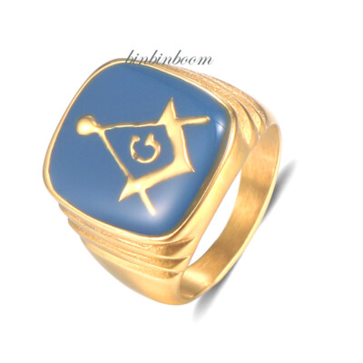 Blue Enamel Masonic Symbol Ring, Stainless Steel, Gold Blue Tone ...