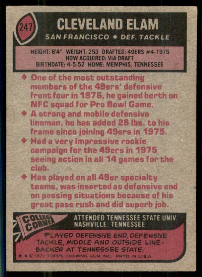 1977 Topps Cleveland Elam Rookie San Francisco 49ers #247 | eBay