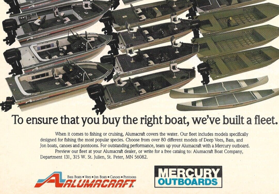 1992 ALUMACRAFT BOAT PRINT AD MERCURY OUTBOARD JON BOAT, CANOES, BASS ...