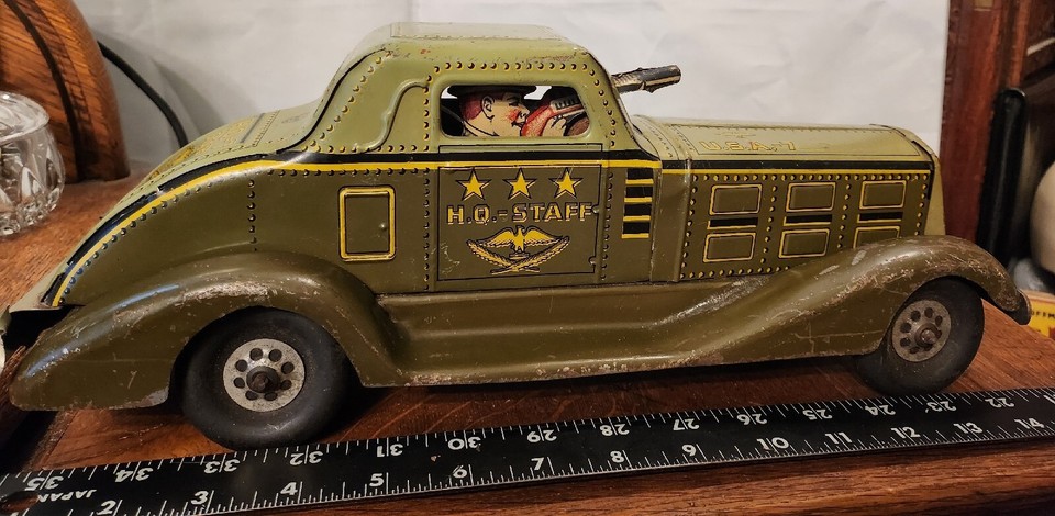 PRESSED STEEL MARX TIN LITHO HQ 7 STAFF G MAN PURSUIT CAR WINDUP TOY ...