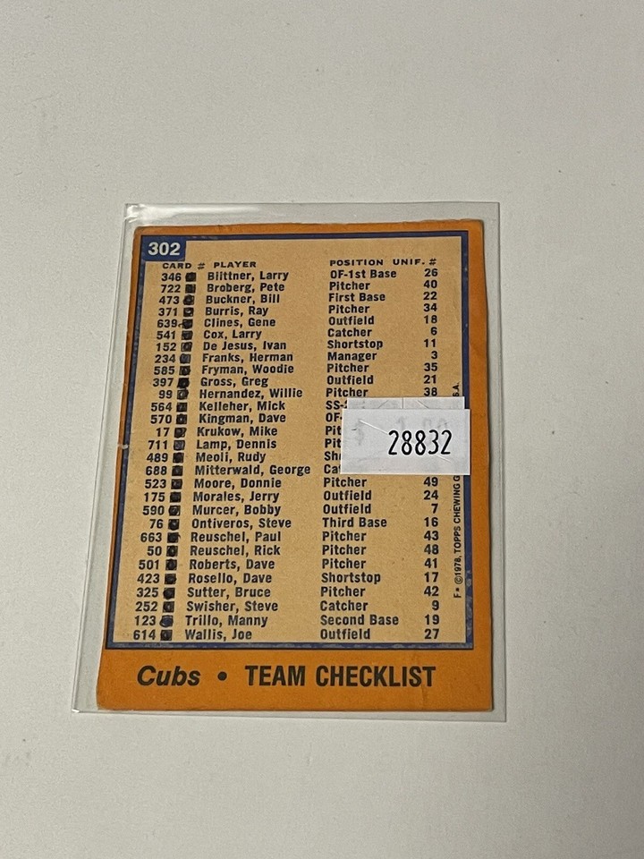 1978 Topps Mail In Hand Cut #302 Chicago Cubs Team Card POOR **028832 ...
