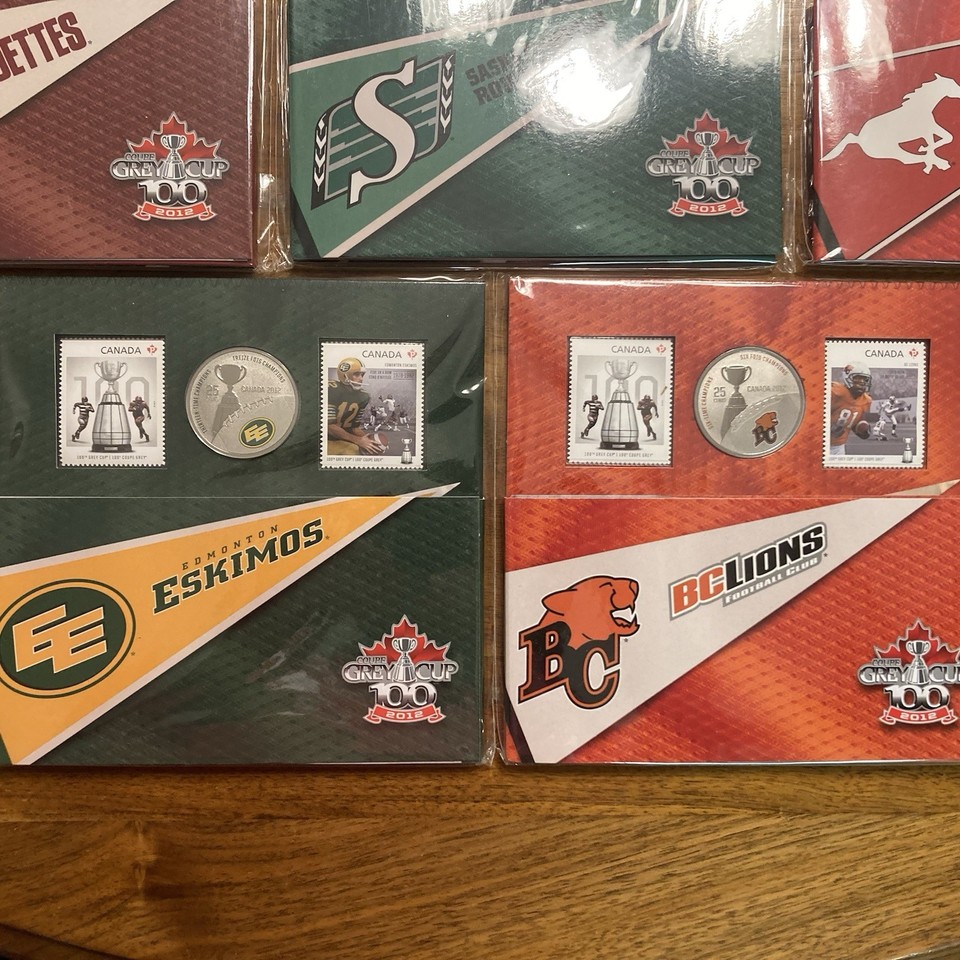 2012 CANADA CFL STAMP 25 CENT COIN FULL SET OF 8 BLUE BOMBERS RIDERS ...