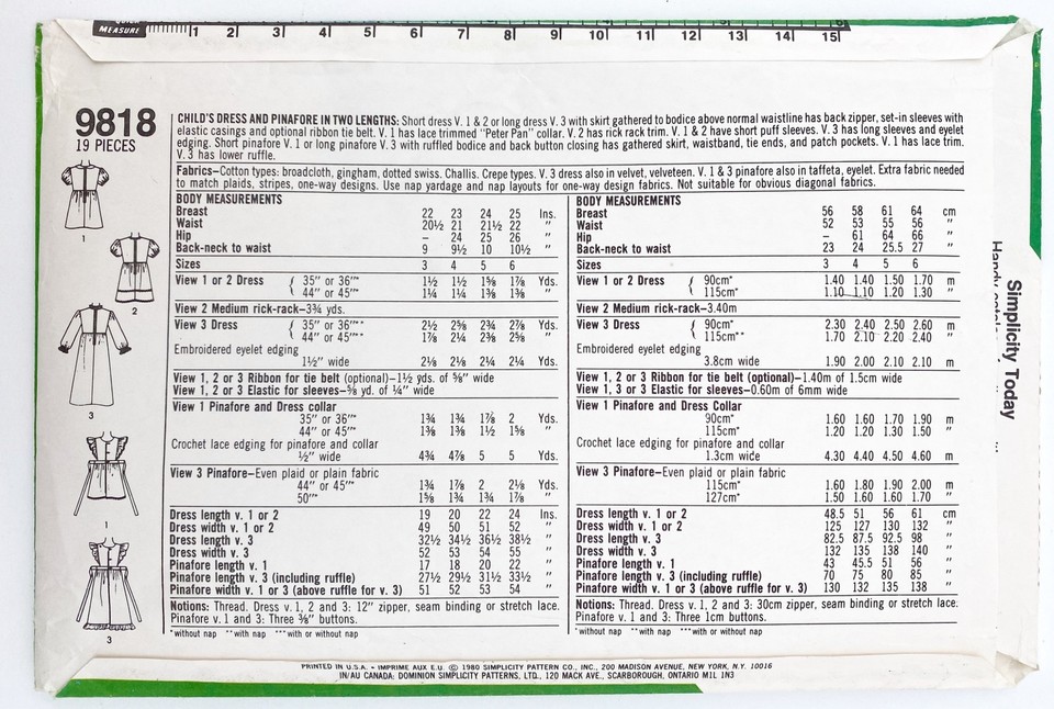 80’s Simplicity Pattern 9818 Girls Puff Sleeve Dress Pinafore 2 Lengths ...