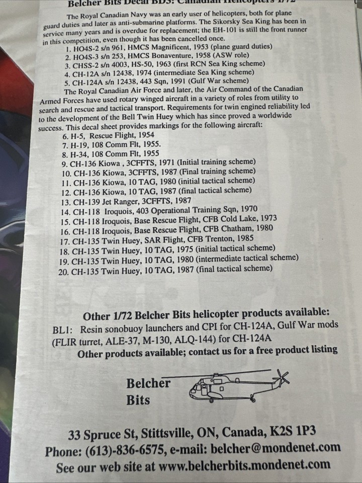 Belcher Bits Decal For CH-124A 1:72 Scale | eBay