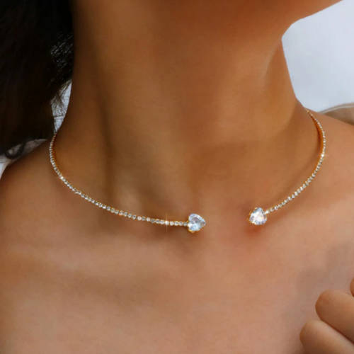 Rhinestone Heart Necklace Tennis Choker 1 Row Silver Cubic Zirconia ...