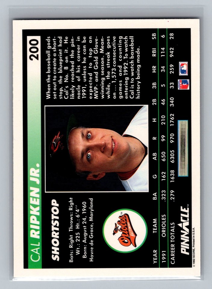 Cal Ripken Jr. 1992 Pinnacle #200 Baltimore Orioles C22 | eBay