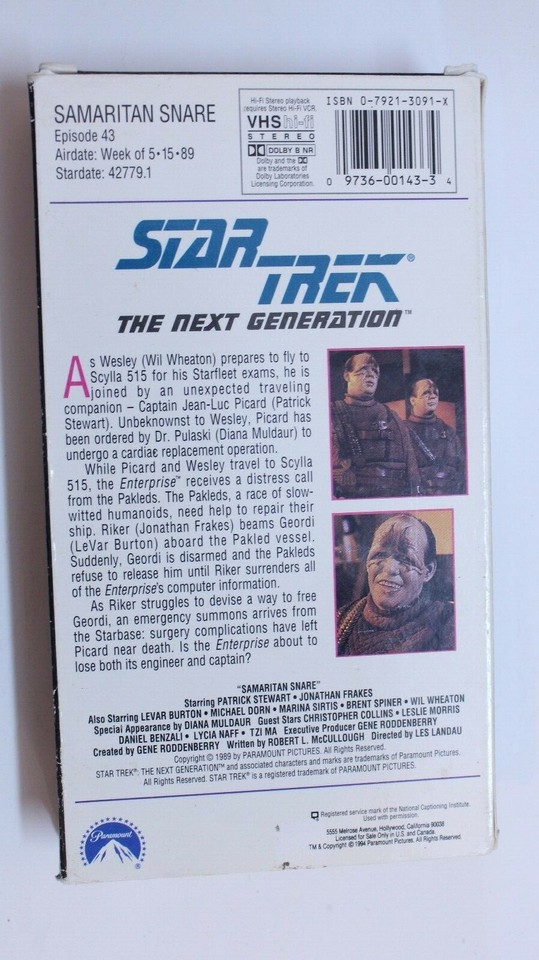 Star Trek The Next Generation VHS Tape Samaritan Snare Daniel Benzali ...