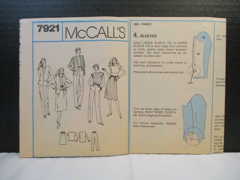 McCall's Pattern 7921 Miss Sz 12 Bust 34 Jacket Top Skirt Pants Uncut ...