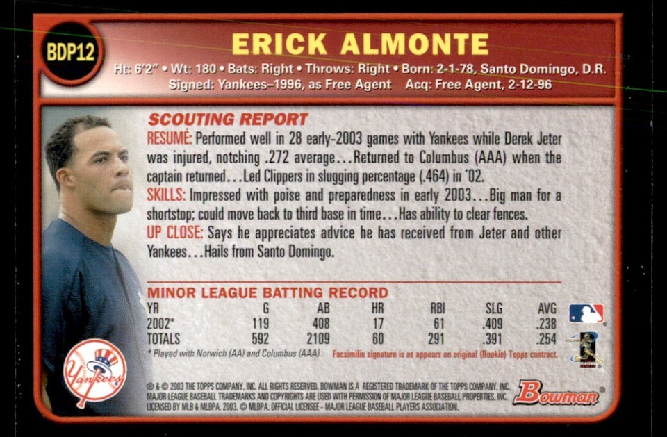 2003 BOWMAN DRAFT PICKS & PROSPECTS ERICK ALMONTE NEW YORK YANKEES # ...