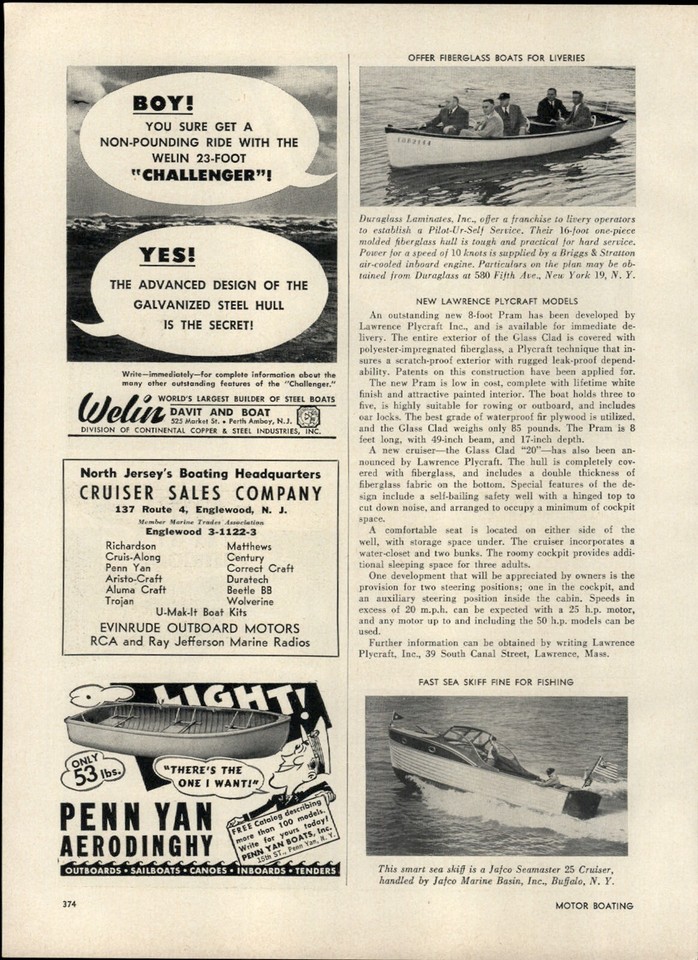 1955 PAPER AD Borum Boat Jafco Seamaster Cruiser 25' Pen Yan Aerodinghy ...