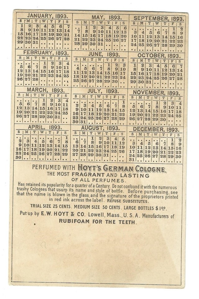 1893 Ladies Perfumed Calendar EW Hoyt Lowell MA German Cologne Rubifoam ...