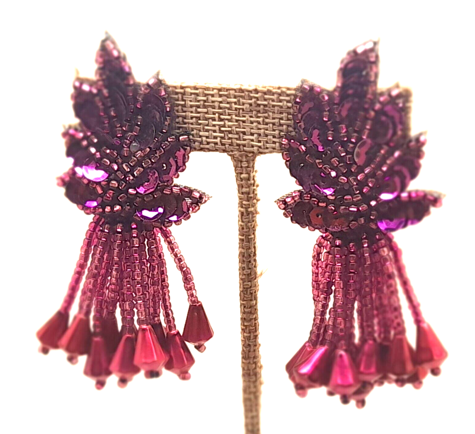 Vintage Handmade purple seed beaded sequins cli on party Dangle fashion ...