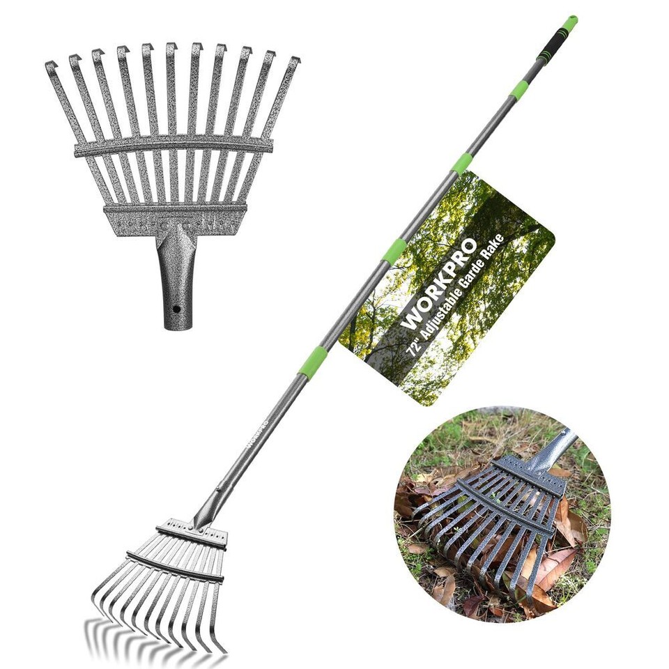 WORKPRO 11 Steel Tine Rake Small Rake for Leaves with 72” Adjustable ...