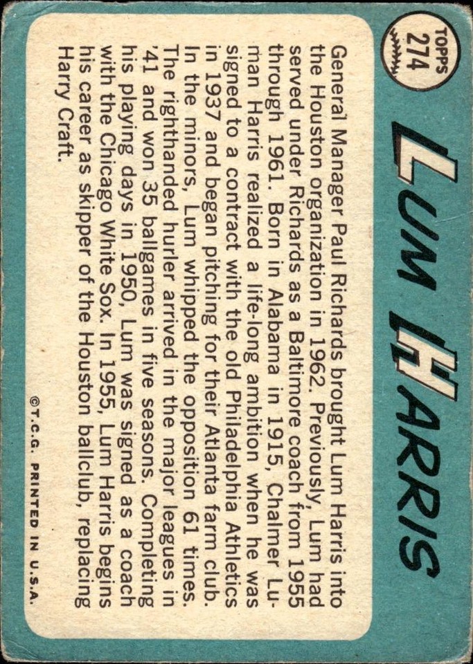 LUM HARRIS Card #274 B1000#R2S1P93 FREE SHIPPING | eBay