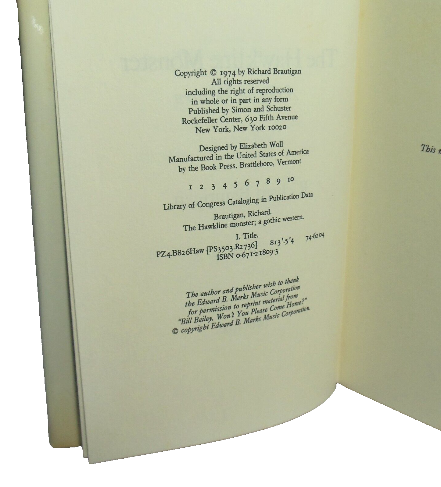 Hardcover FIRST 1st Edition Richard Brautigan Hawkline Monster Gothic ...