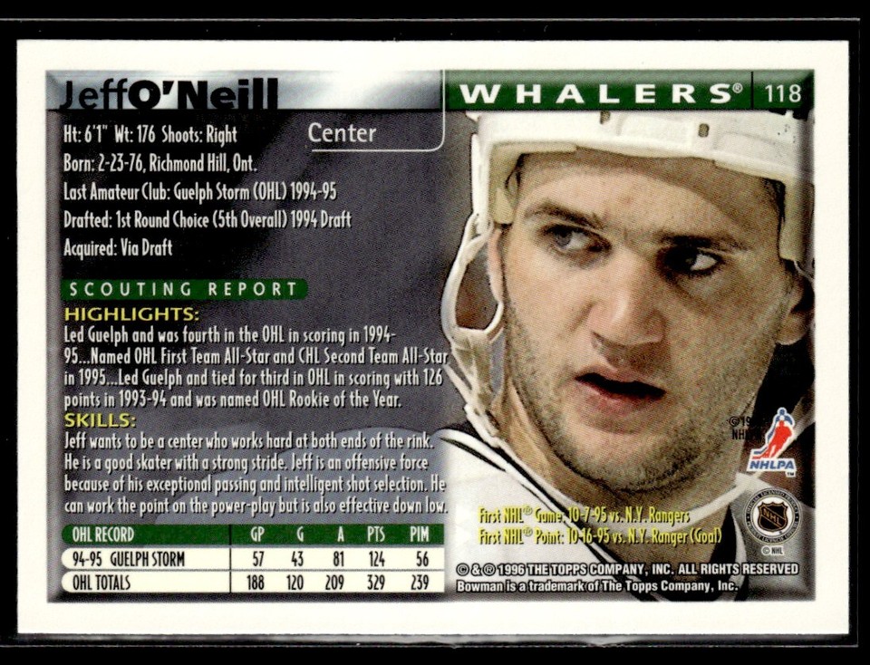 1995-96 Bowman Foil #118 Jeff O'Neill Rookie Hartford Whalers | eBay