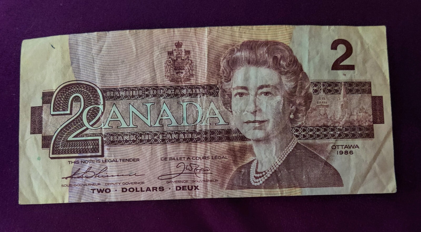 1986 CANADIAN $2 Dollar Bill Ottawa Banknote Queen Elizabeth circulated ...