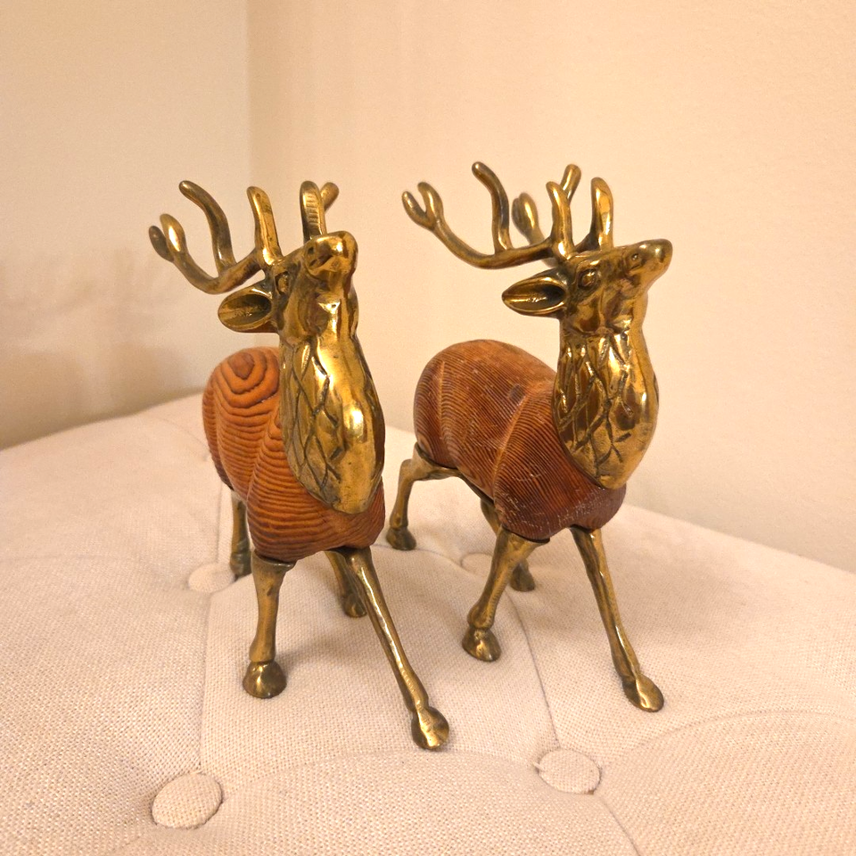 Vintage Pair Set Solid Brass And Wood Deer Figurine Statues Buck | eBay
