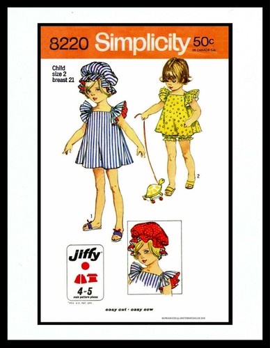 SIMPLICITY 8220 DRESS & Bonnet Cap Sunsuit Playsuit Pattern BABY GIRL ...