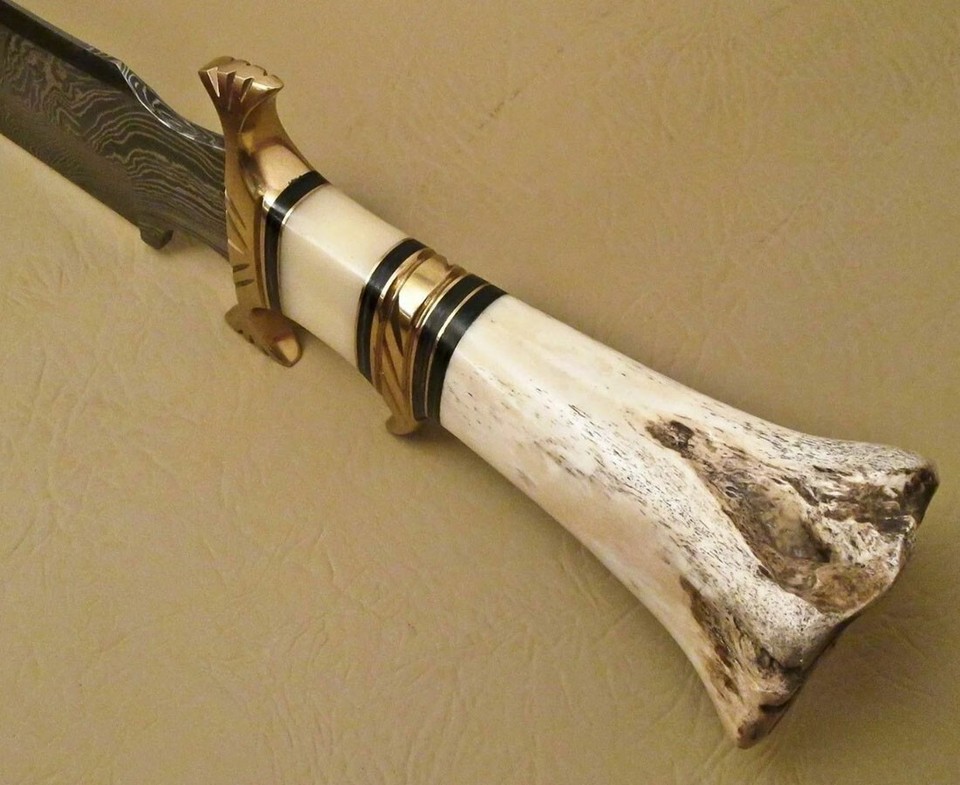 Handmade Damascus Bowie Knife Sharp Blade Camel Bone Handle With ...
