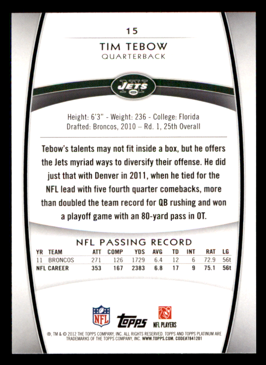 2012 Topps Platinum Tim Tebow card #15 New York Jets | eBay