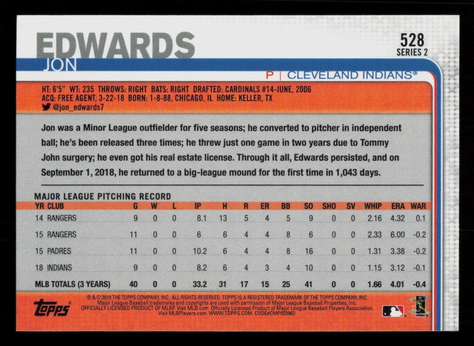 2019 Topps Jon Edwards #528 RC Rookie Cleveland Indians Baseball Card ...