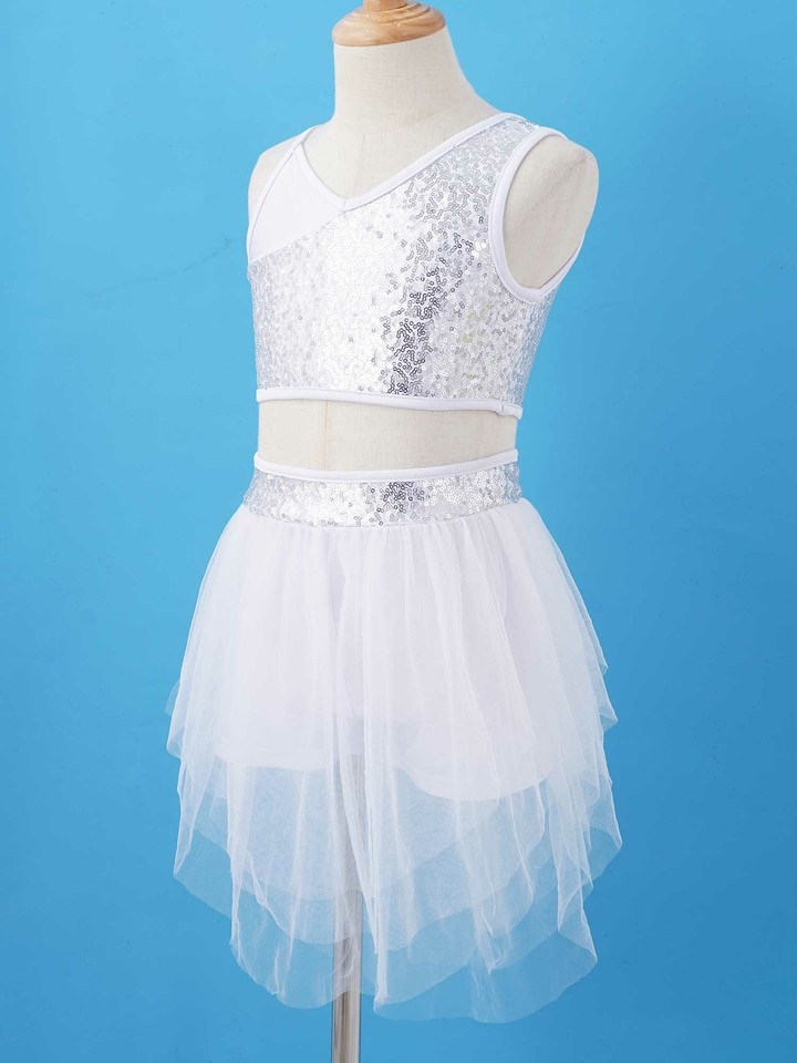 Girls Lyrical Ballet Tutus Dance Costumes Sequin Crop Top Layered Mesh ...