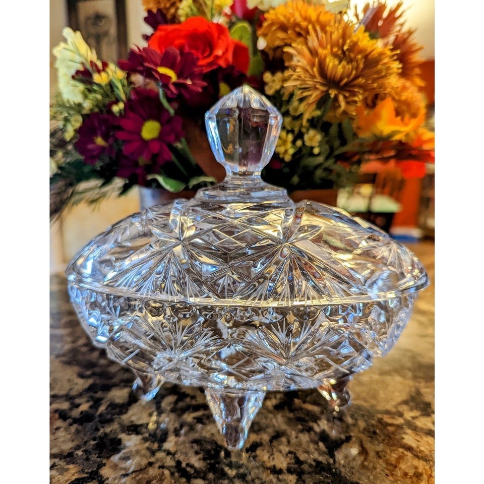 Lead Crystal Candy Trinket Dish with Lid Starburst Pattern Footed Bowl ...