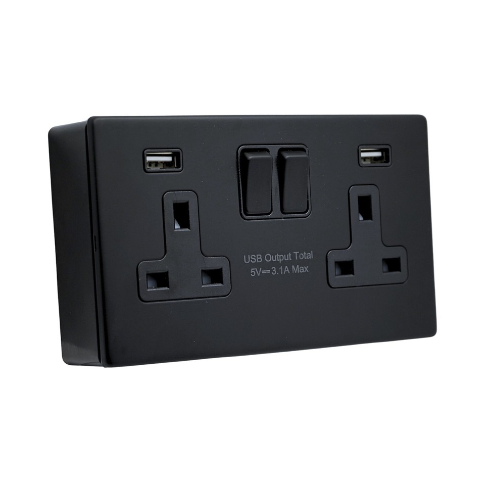 SHPELEC® Matt Black Screwless 2 Gang 13A Socket and Surface Mount Back ...