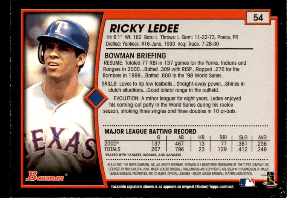 2001 Bowman #54 Ricky Ledee Texas Rangers | eBay