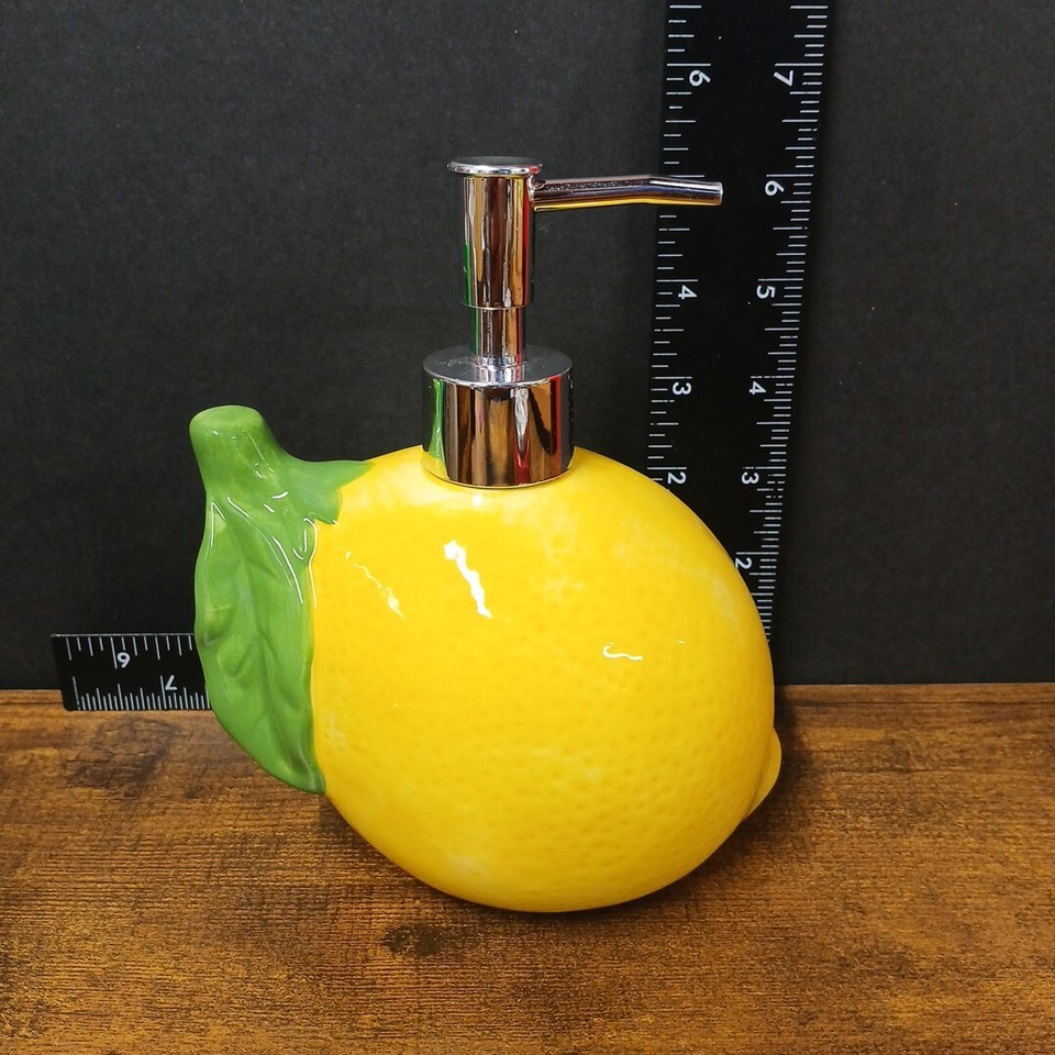 LEMON SHAPED CERAMIC SOAP, LOTION DISPENSER, CHROME SILVER COLORED PUMP ...