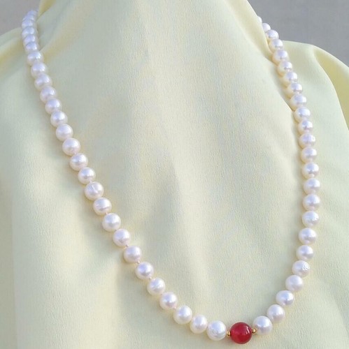 19" Genuine AAA + 6-7MM ROUND Akoya White Red Jade Pearl Necklace 14k ...