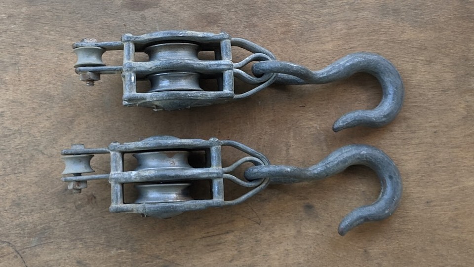 2 Vtg Bell System Lineman's slack block and tackle wire puller | eBay